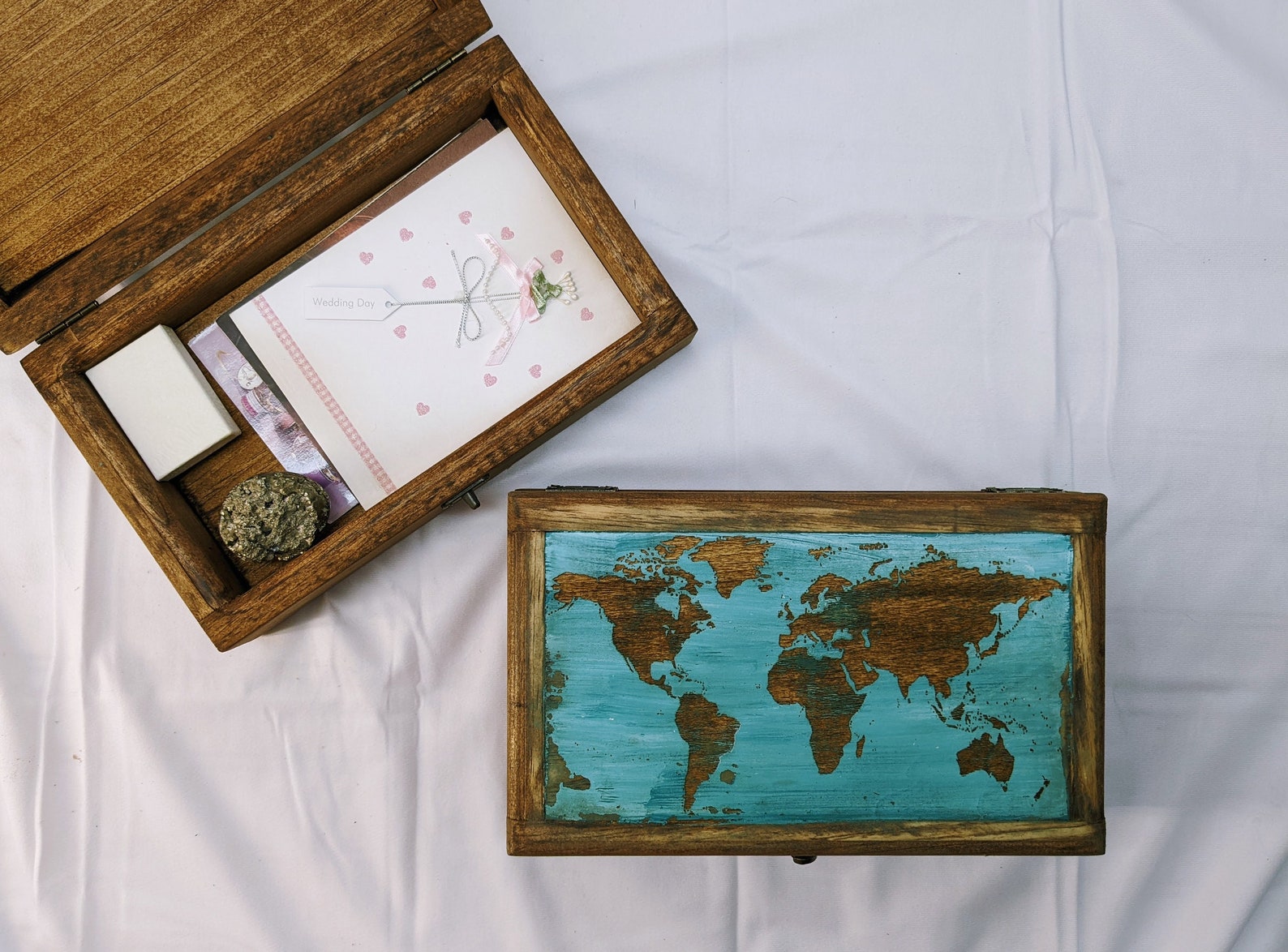 Rustic Wood Engraved World Map Box With Aqua Painted Ocean - Etsy