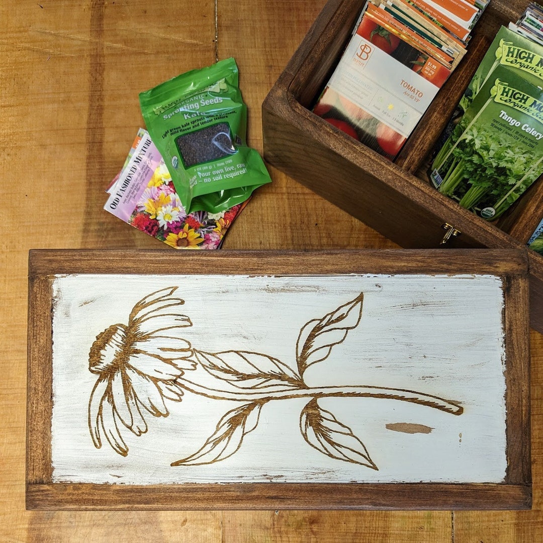 Flower Seed Box, Rustic Wooden Seed Packet Storage, Echinacea Engraved ...