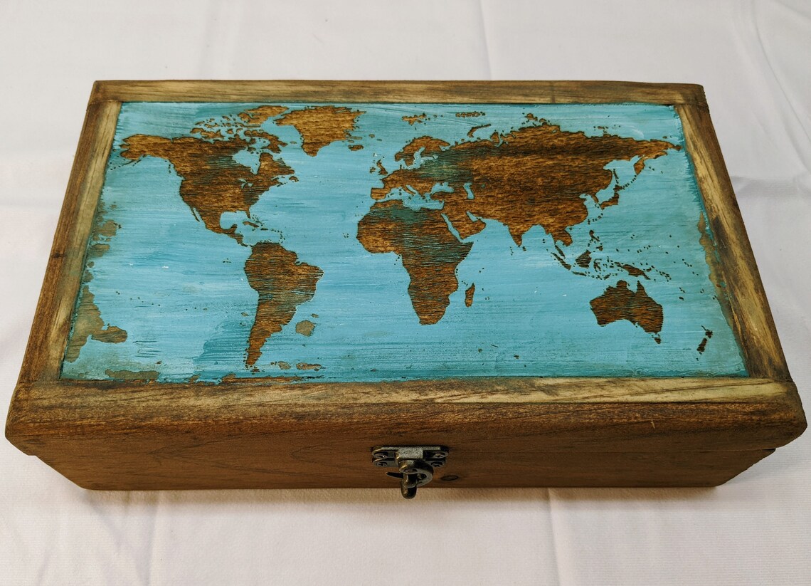 Rustic Wood Engraved World Map Box With Aqua Painted Ocean - Etsy