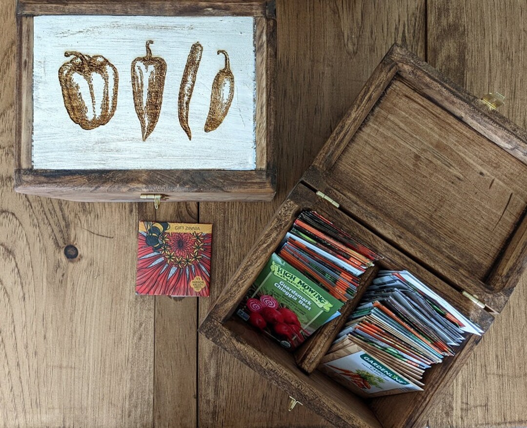 Handcrafted Wooden Seed Packet Storage Box With Pepper Engraving - Two ...