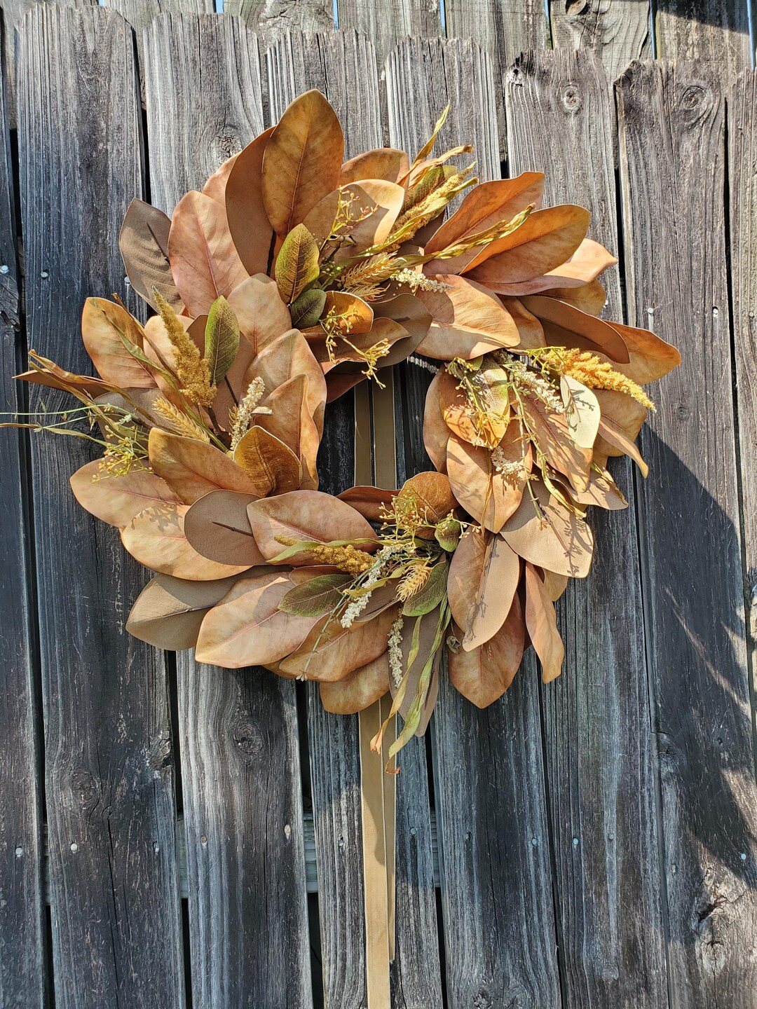 Magnolia Fall Wreath, Faux Magnolia Rust Orange and Brown Leaf for ...