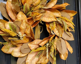Fall Magnolia Wreath, Faux Magnolia Rust Orange and Brown Leaf Wreath ...