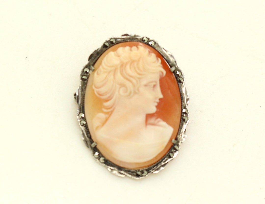 Italian Shell CAMEO MARCASITE Continental Silver Brooch Pin Pendant ...
