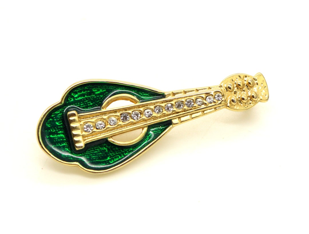 Vintage Large Mandolin Green Enamel Gold Tone Rhinestones - Etsy
