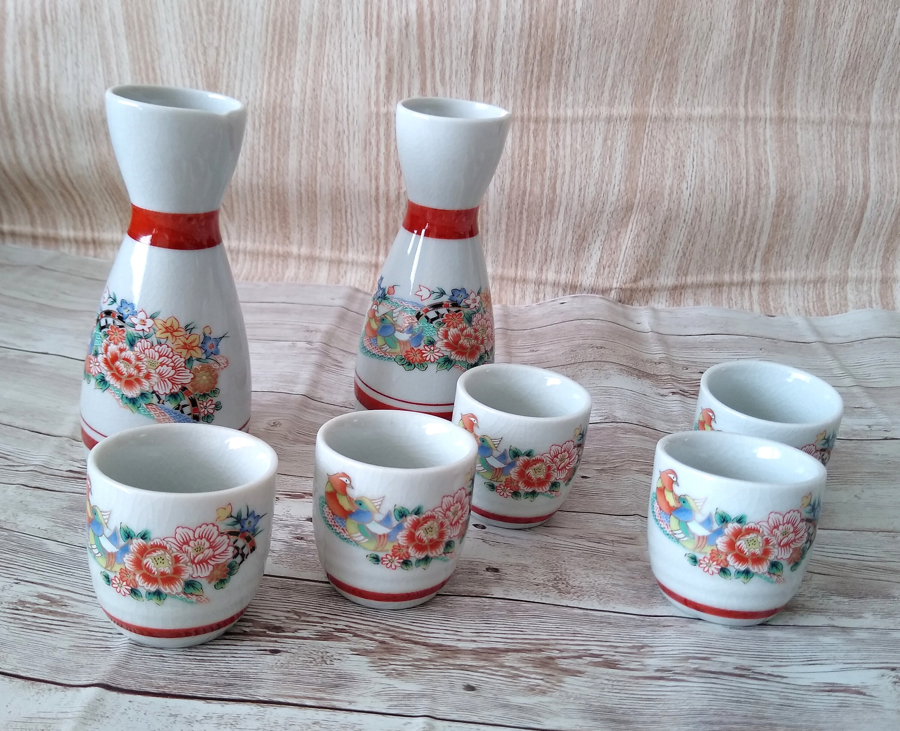 Japanese SAKE Set 2 Bottles 5 Cups in Original Box Vintage Collectable ...