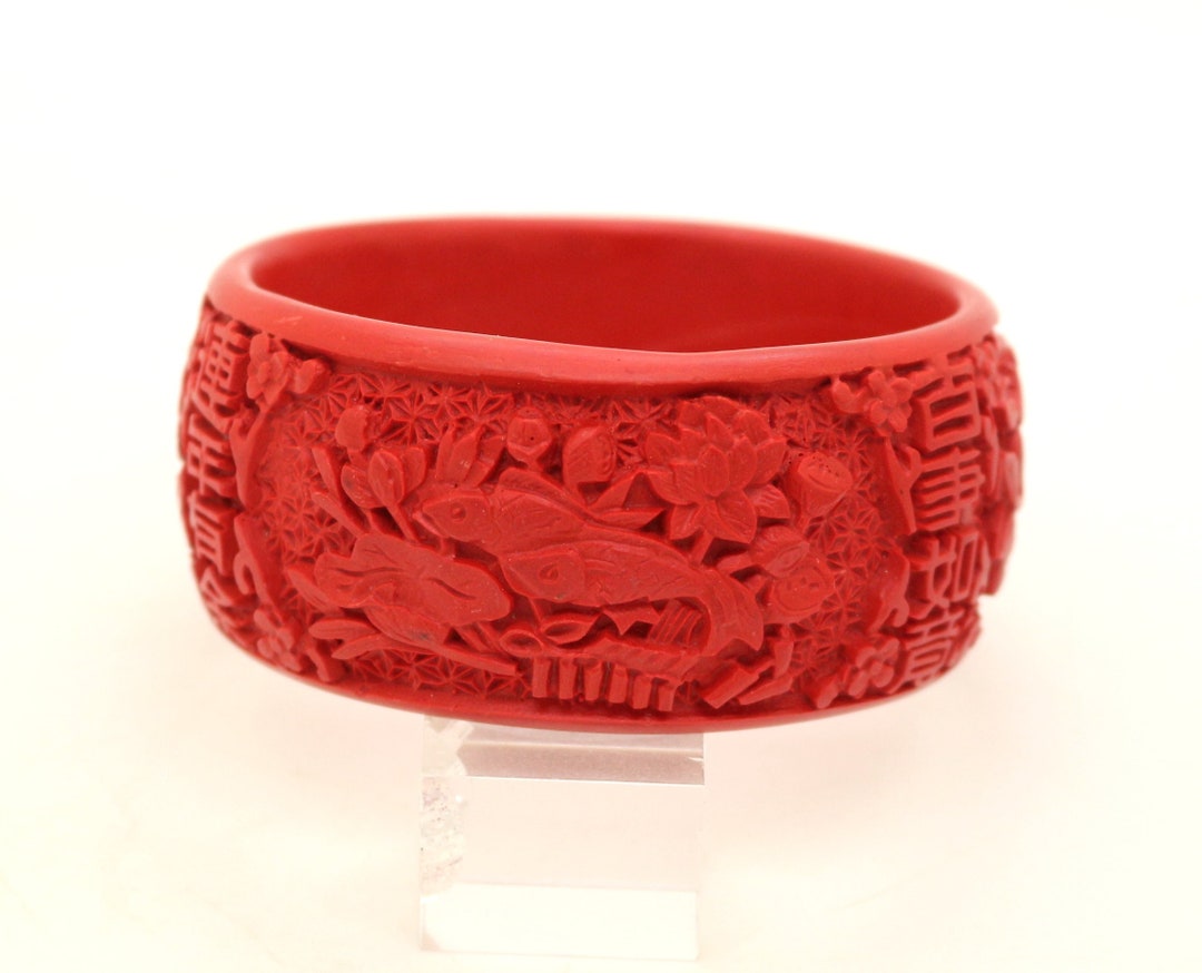 Chinese Fish Hieroglyphs Carved Style Decoration Faux Red Cinnabar Cuff ...