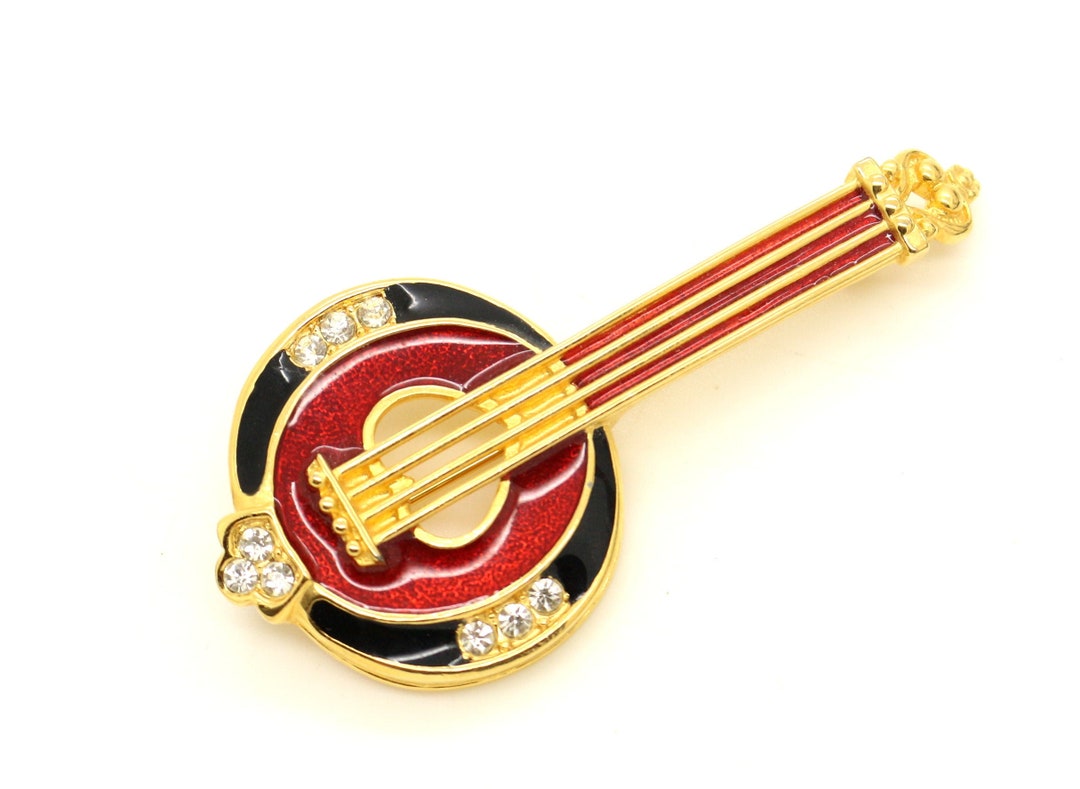 Vintage Large Banjo Red Black Enamel Gold Tone Rhinestones Brooch Pin ...