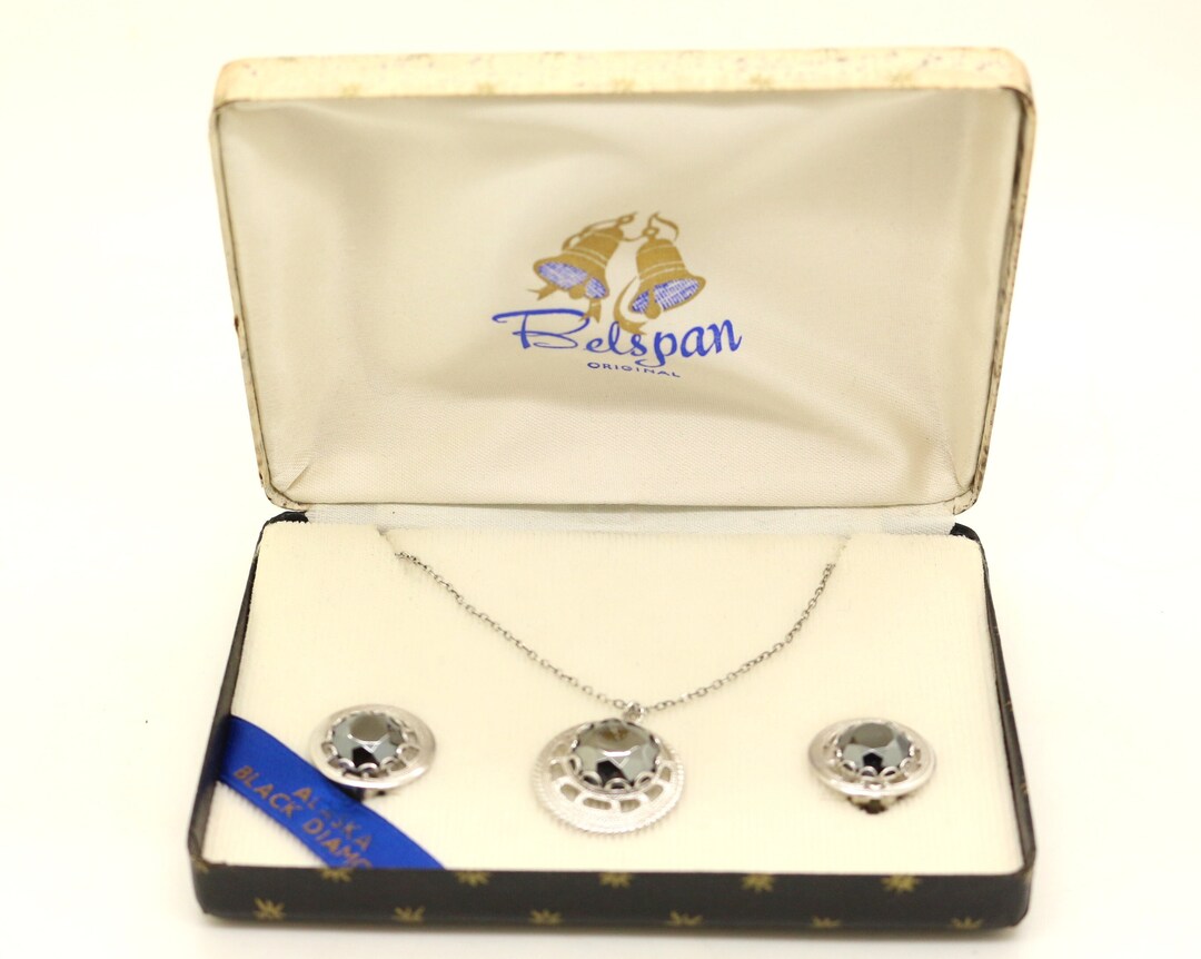 Mid Century Belspan Original Alaska Black Diamond Necklace and Clip on ...