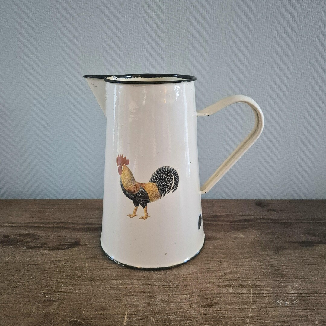 Vintage ROOSTER Jug Enamelware Pitcher Enamel Water Chicken Can Pot ...