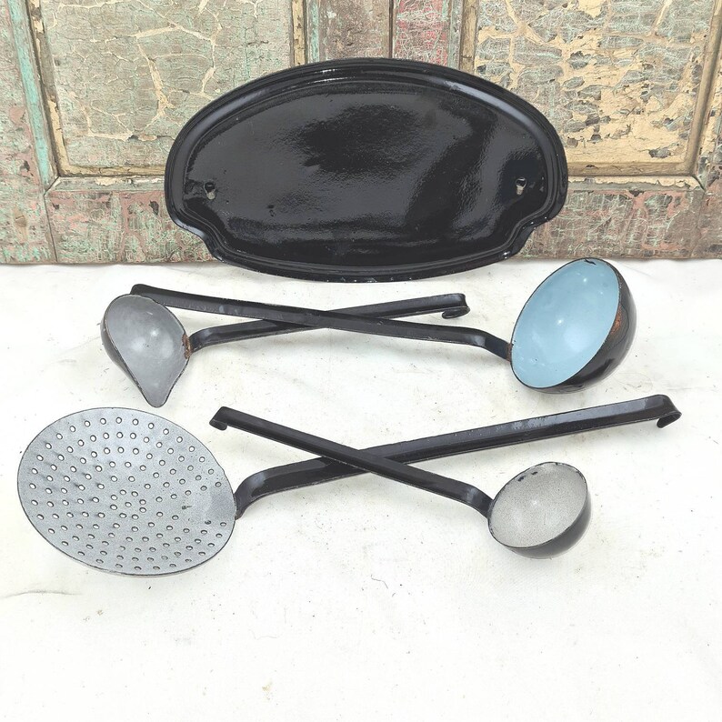 Enamel Spoon Utensils Rack With Spoons Enamelware Wall Holder Black ...