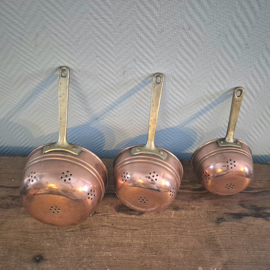 Antique COLANDER Set 3 Pcs Copper Brass French Strainer Colander Sieve ...