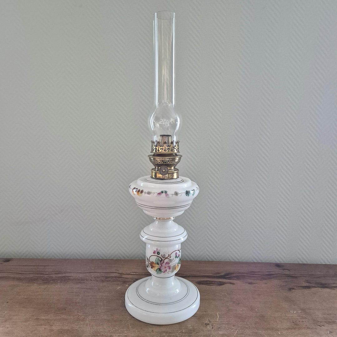 Vtg. OPALINE Glass Oil Lamp Kerosene Light Paraffin Burner Camplight ...