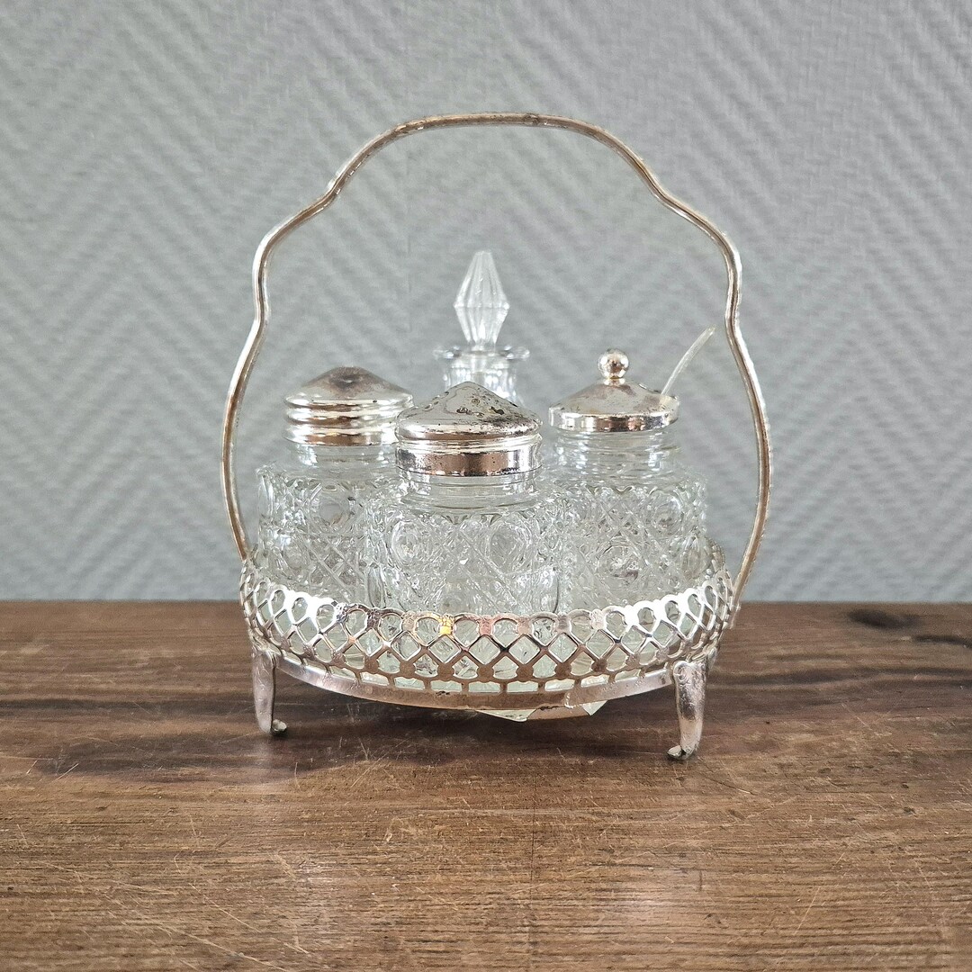 Vintage Silver Plated Condiment Tray Caddy Set of 5 Glass Cruets Salt ...