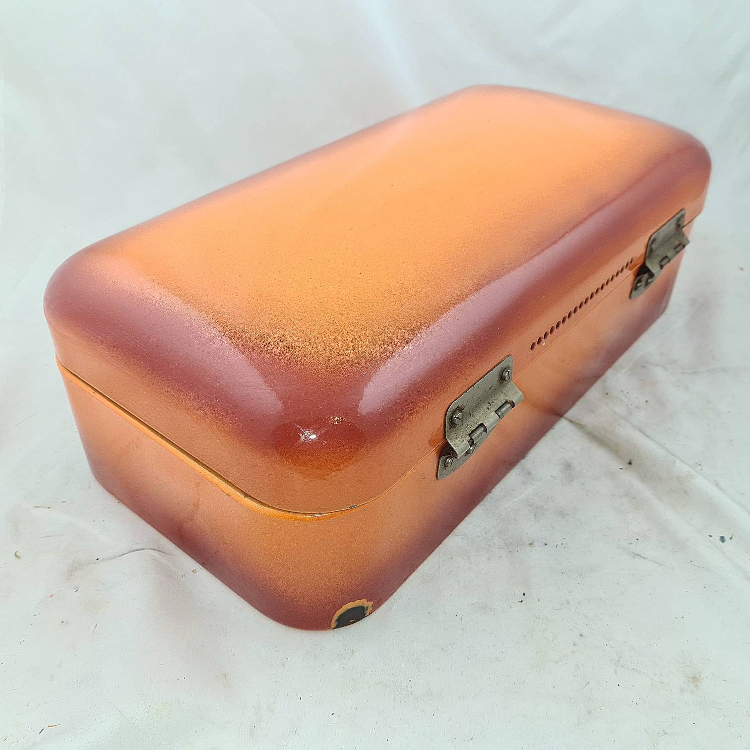 Vintage Enamel BREAD BOX Enamelware Orange Flamed Bin Brotkasten Bread ...
