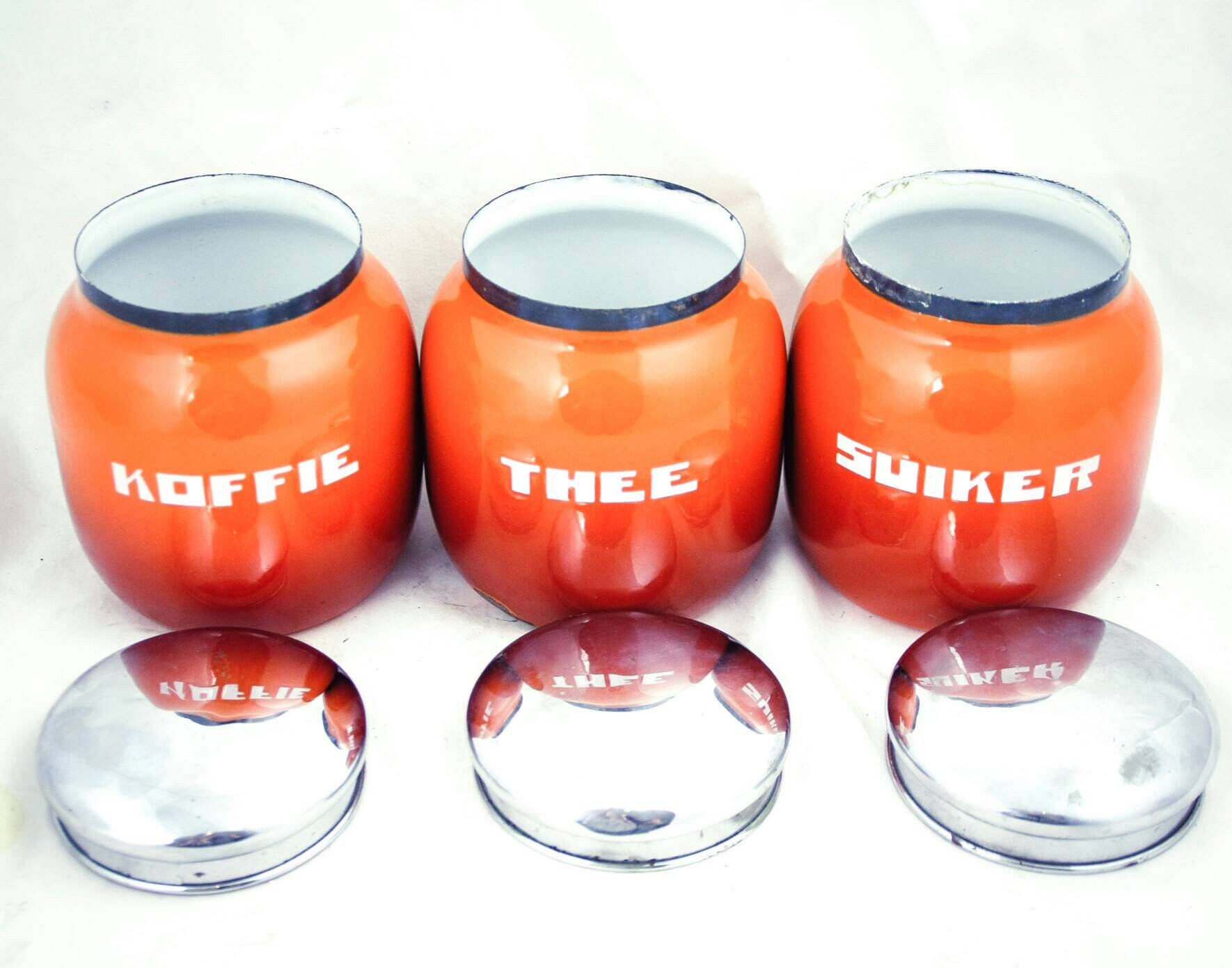 Vintage CANISTER SET Enamelware Coffee Sugar Tea Orange Flamed | Etsy