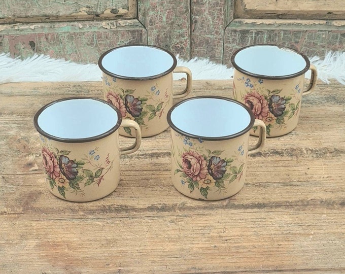 Vintage Enamel Mugs Set of 4 Cups Enamelware Floral Roses - Etsy