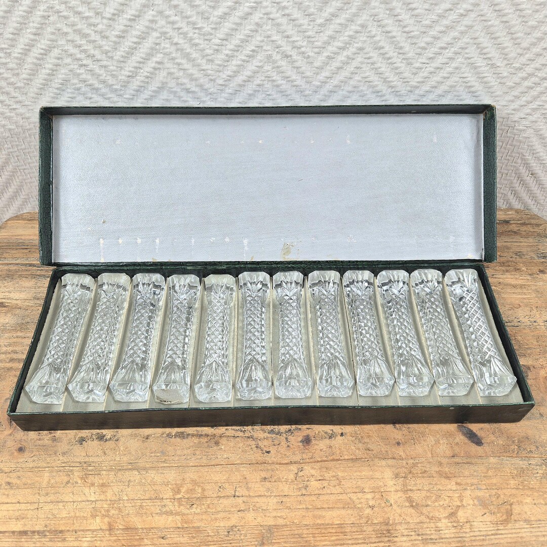 Set of 12 Crystal Glass Knife Rests Antique Original Box Cutlery ...
