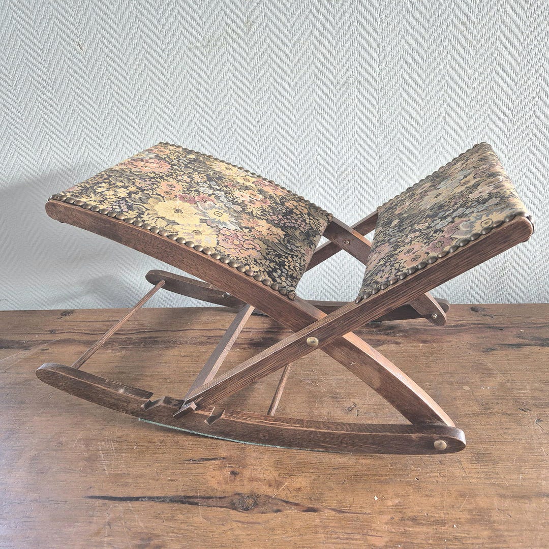 Vintage Rocking Wooden Foot Stool Foot Rest Foldable Upholstered Padded ...