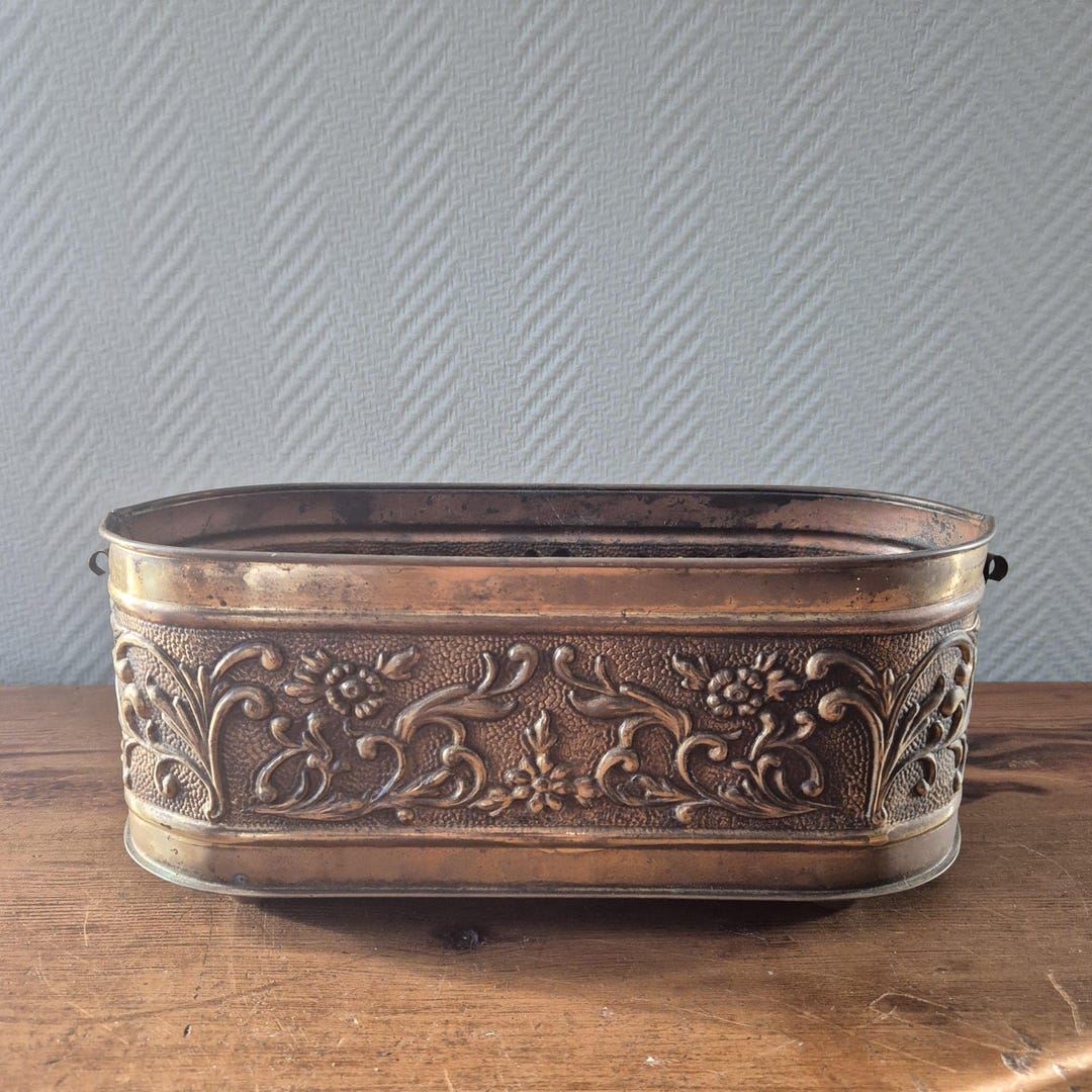 Vintage Copper Container Planter Brass Oval Floral Design Flower Pot ...