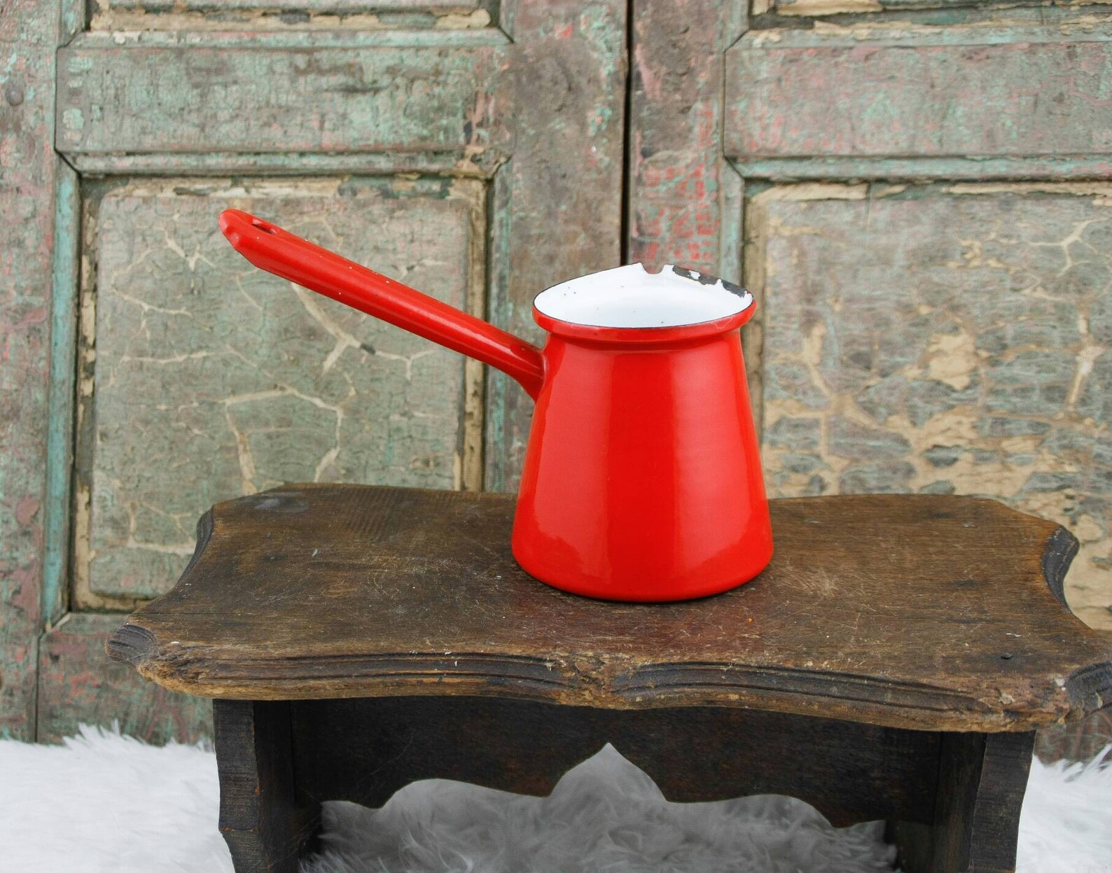 Vintage Enamelware Milk Pan Red Enamel Cooking Cup Turkish Coffee Pot W ...