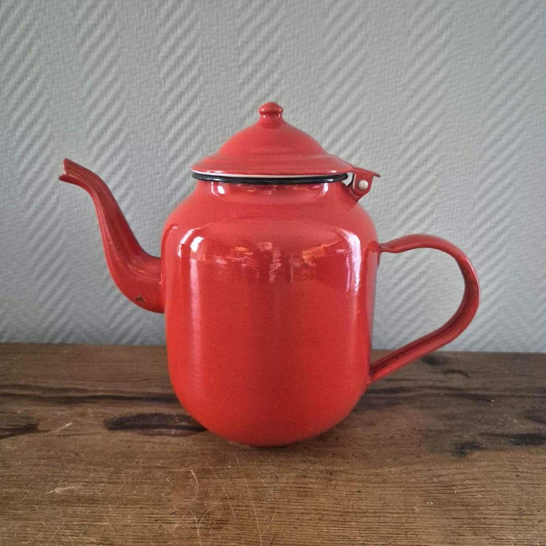 Vintage Enamel COFFEE POT Enamelware Teapot Tea Kettle Red Kaffeekanne ...