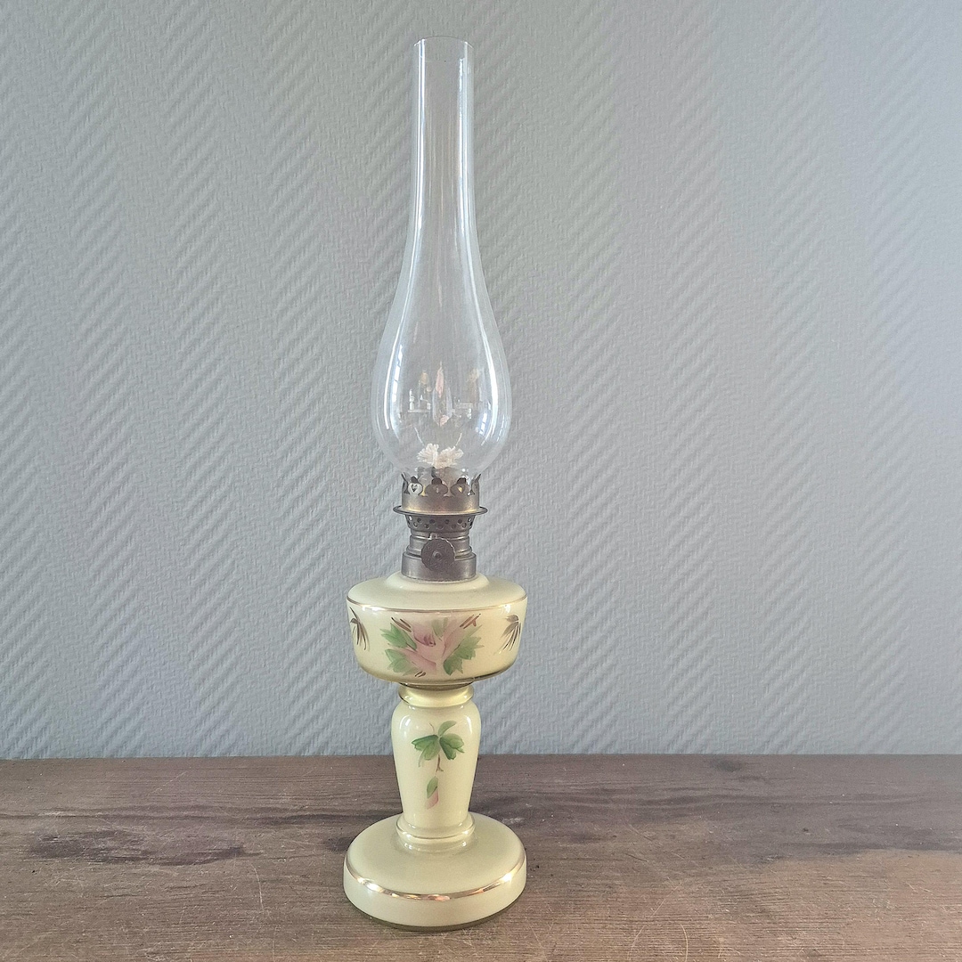 Vtg. OPALINE Glass Oil Lamp Kerosene Light Paraffin Burner Camplight ...