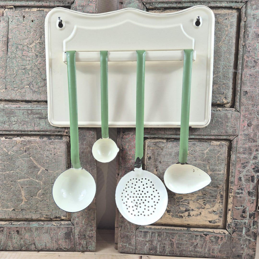 Vtg. Dutch Enamel Spoon Utensils Rack Spoons Enamelware Wall Holder ...