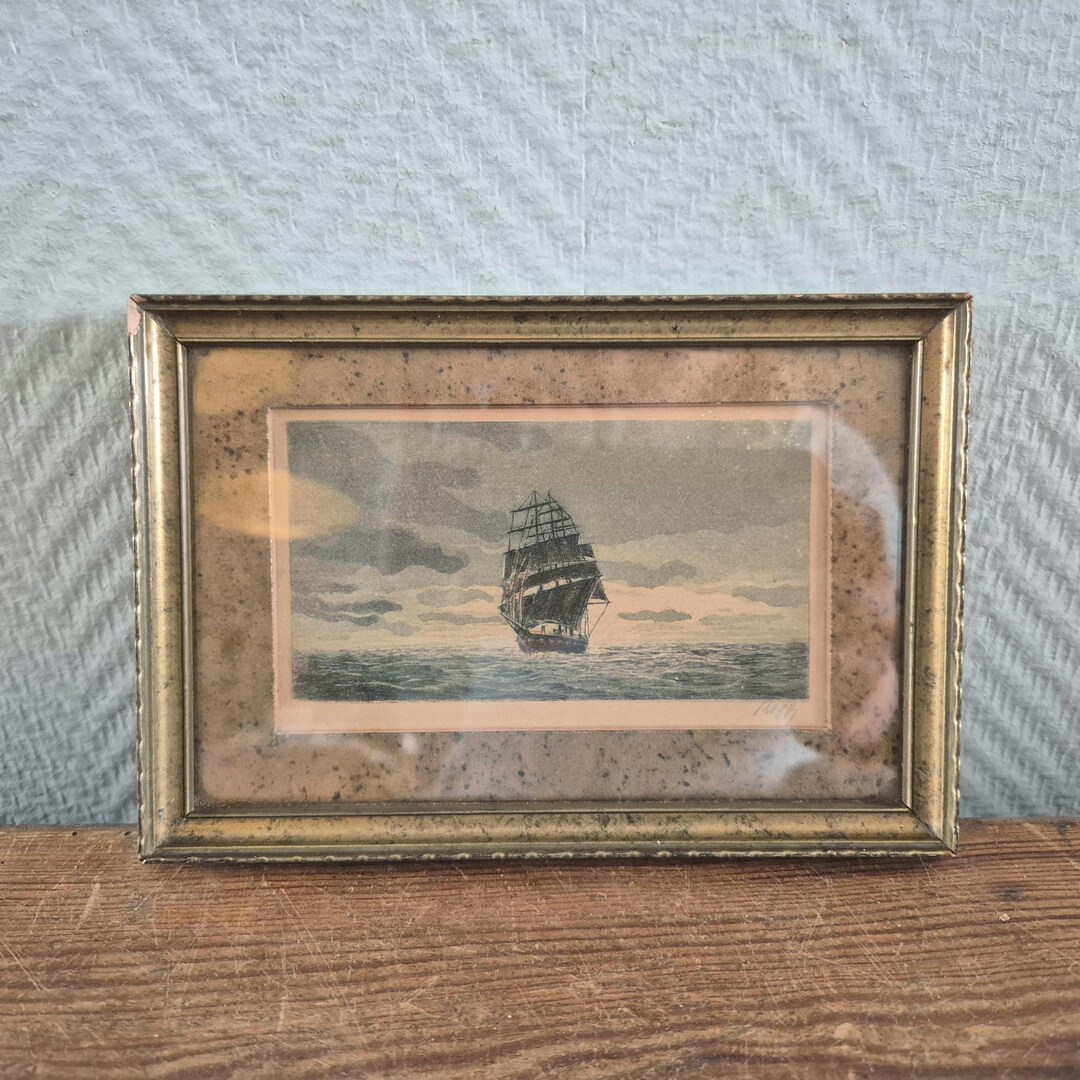 Vintage Painting Drawing of a Clipper Sailing on Sea Ship Signed Framed ...