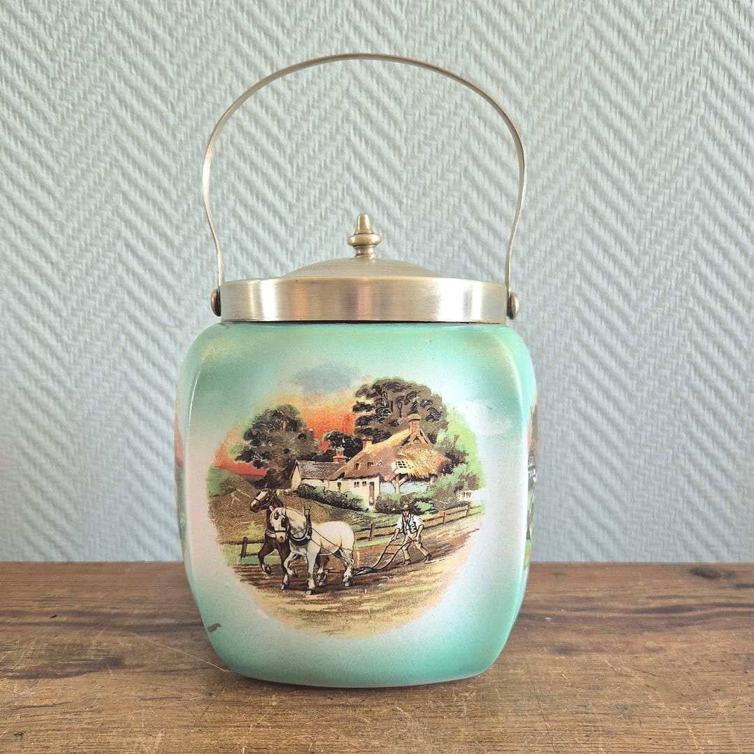 Antique Porcelain Biscuit Barrel Jar NS 3 Lid Handle Farmhouse Country ...