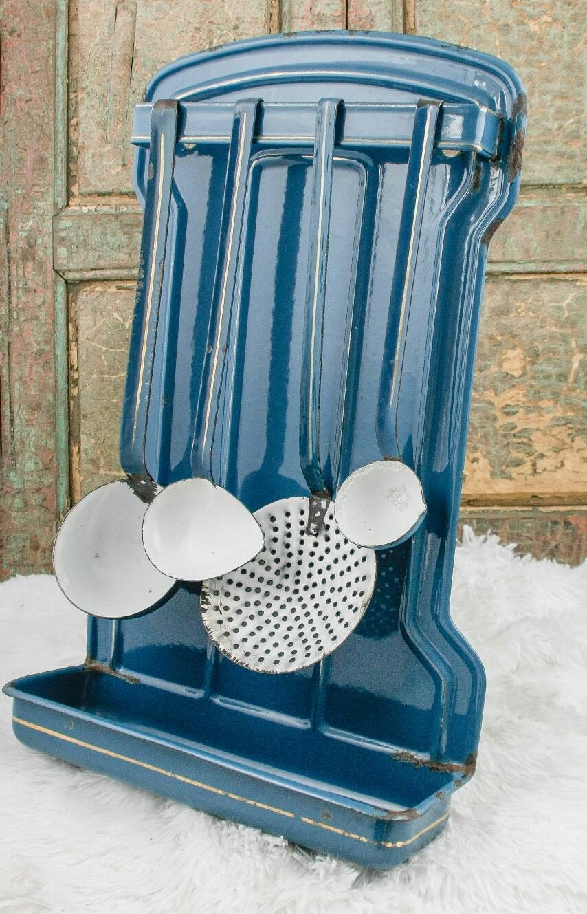 C1960's DUTCH Enamel Spoon Rack vintage Enamelware wall mounted Utensil ...