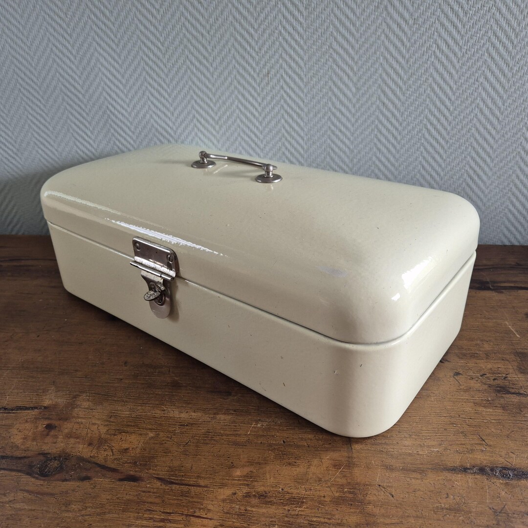 Vintage BREAD BOX Enamelware Storage Bin Offwhite Enameled Metal RETRO ...