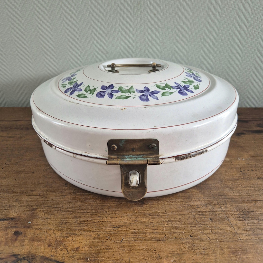 Vintage French Bread Box Enamel Round Floral Cake Bin Enamelware Bread ...