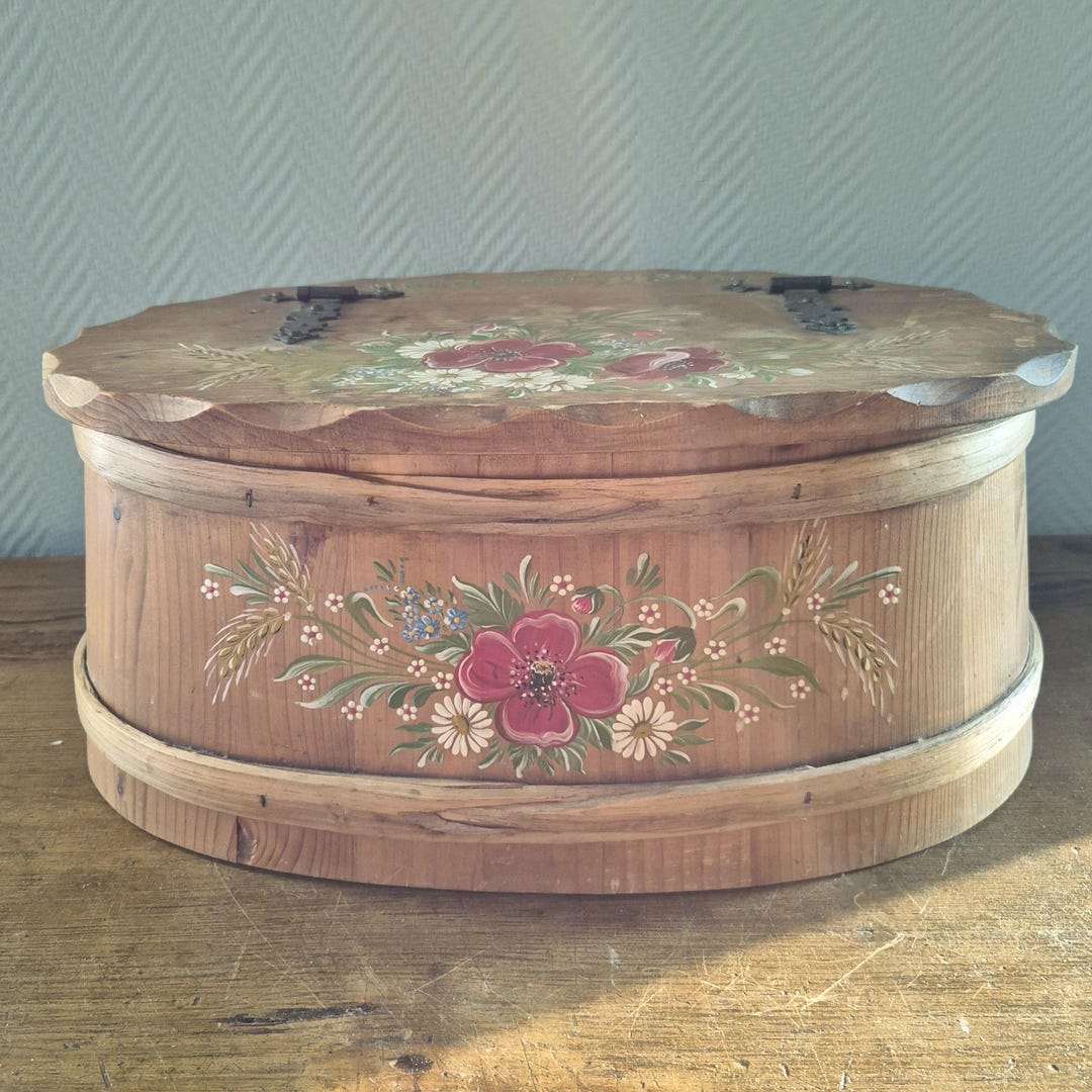 Hand Painted BREAD BOX Wooden Barrel Floral Bin Hinged Lid Rustic Farmhouse Cottage Large Basket ...