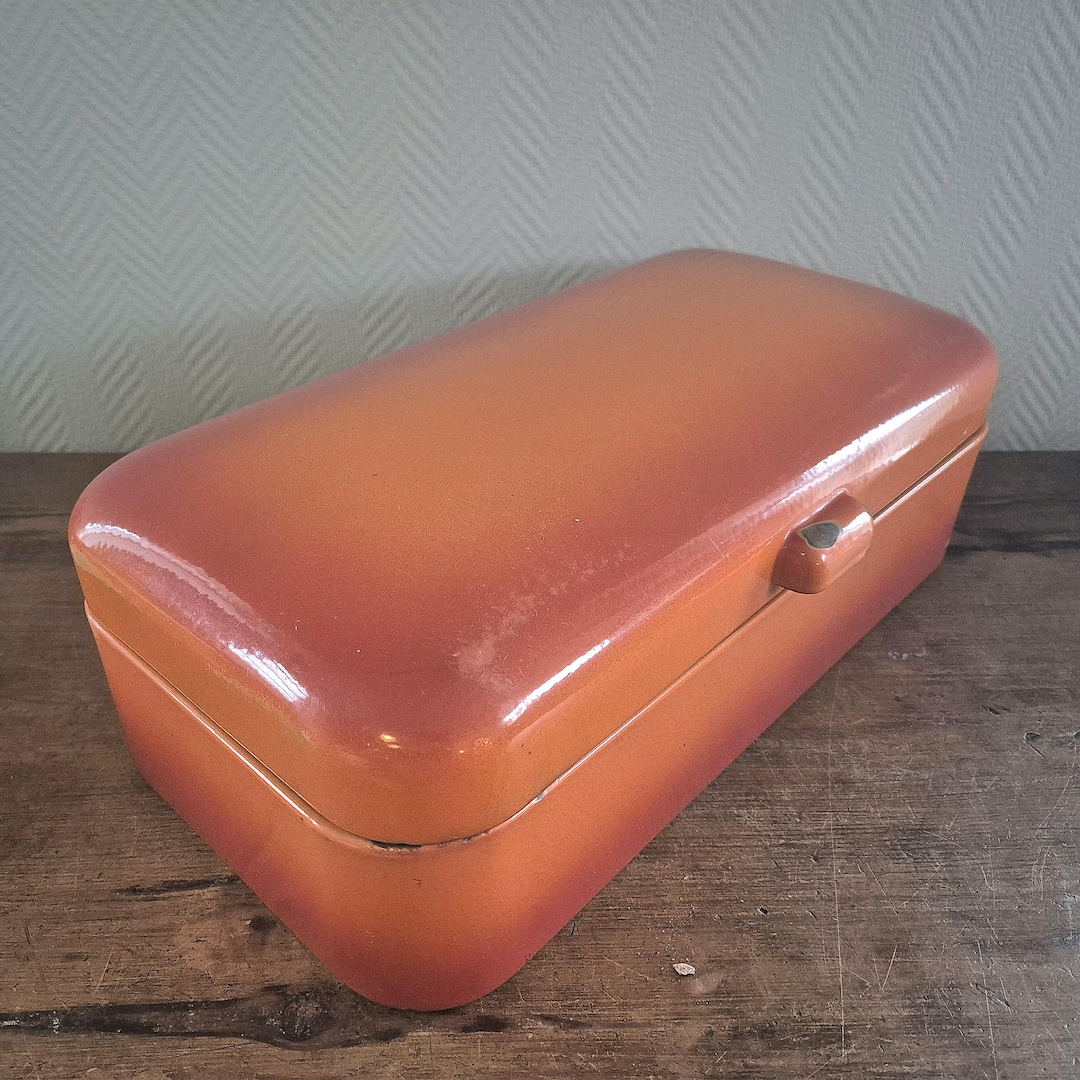 Vintage Enamel BREAD BOX Enamelware Orange Flamed Bin Brotkasten ...