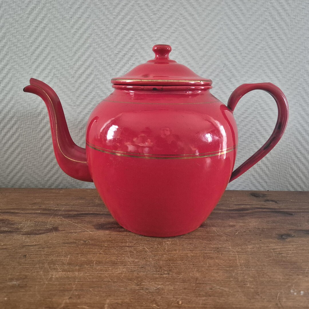 Vintage Enamel COFFEE POT Can Enamelware Tea Kettle Red Kaffeekanne ...