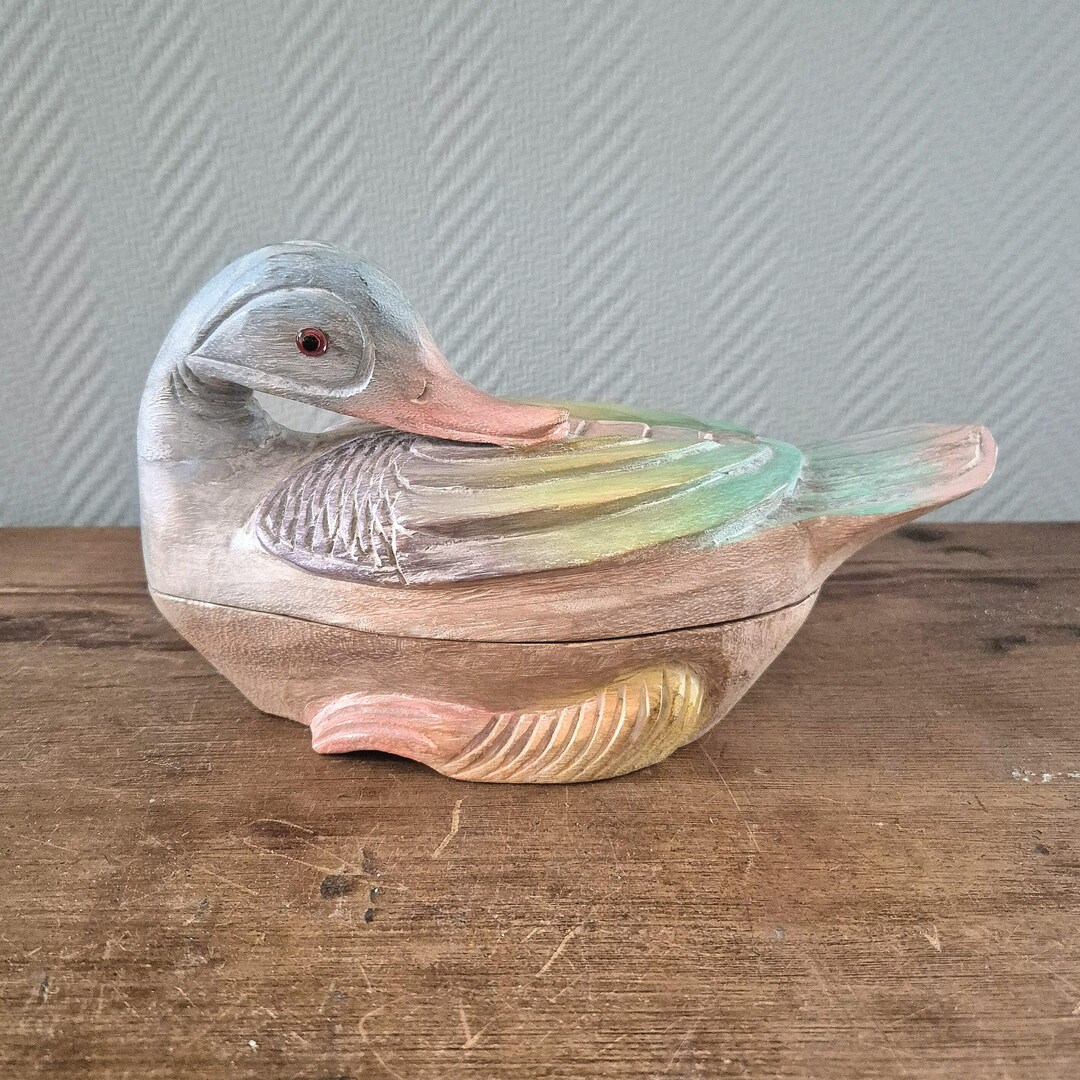 Vintage Pastel Painted Hand Carved Wooden Duck Storage Box Canister Bin ...