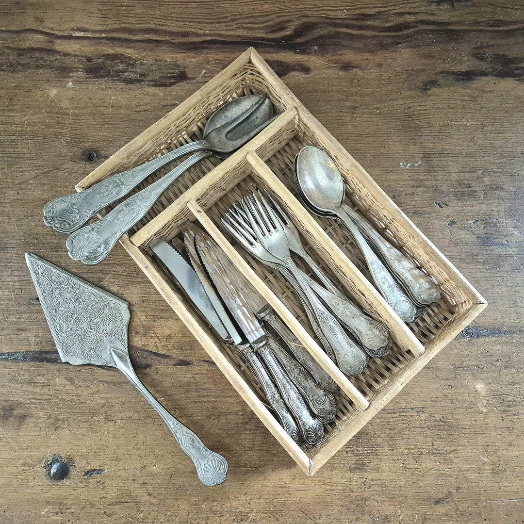 Antique Flatware Set Silver Plated in Ratan Basket Forks Knives Spoons ...
