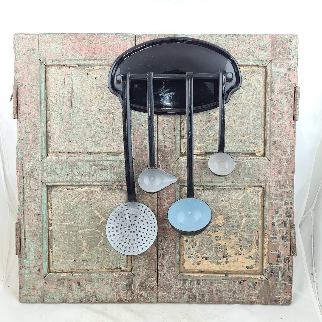 Enamel Spoon Utensils Rack With Spoons Enamelware Wall Holder Black ...