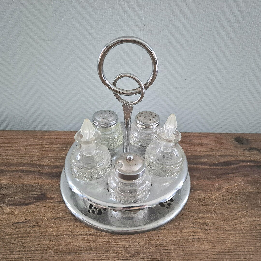 Vintage Silver Plated Condiment Tray Caddy W/ Set of 5 Glass Cruets ...