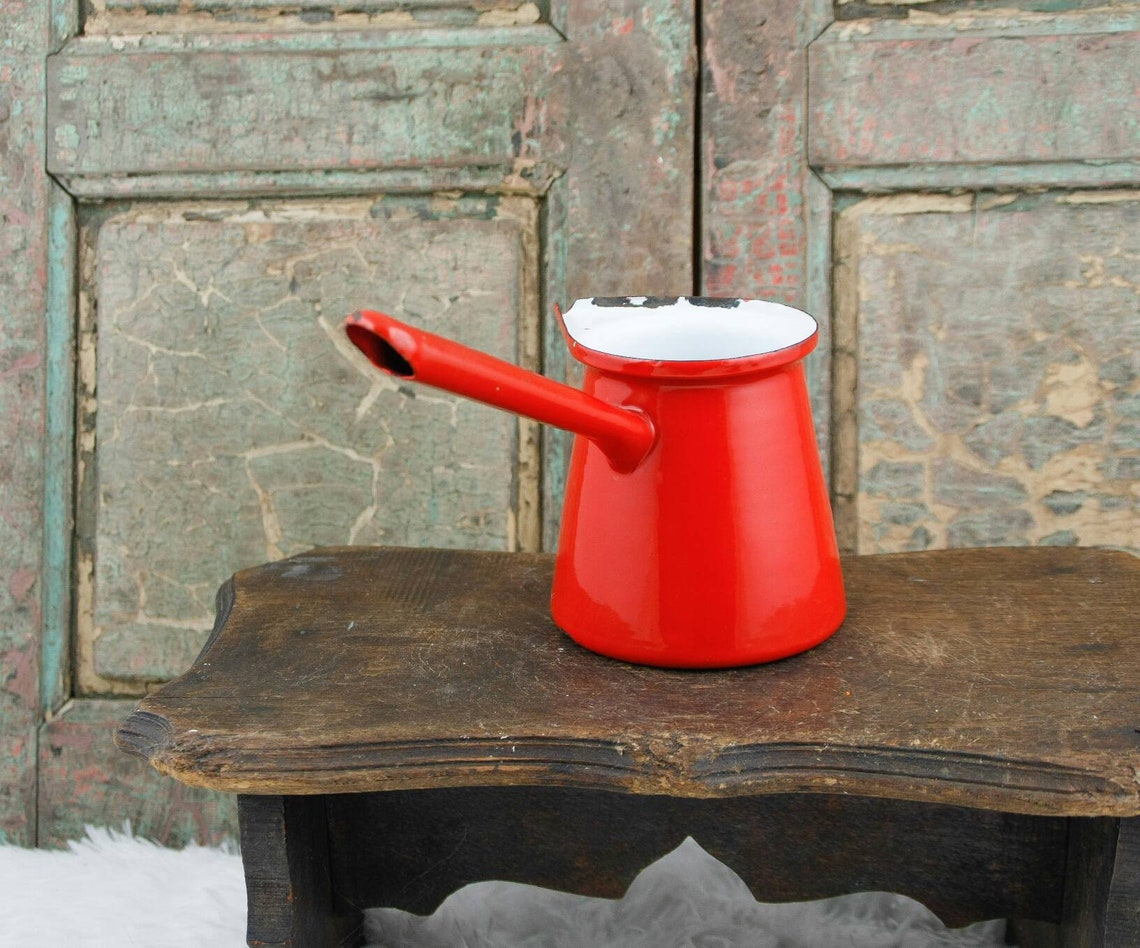 Vintage Enamelware Milk Pan Red Enamel Cooking Cup Turkish | Etsy