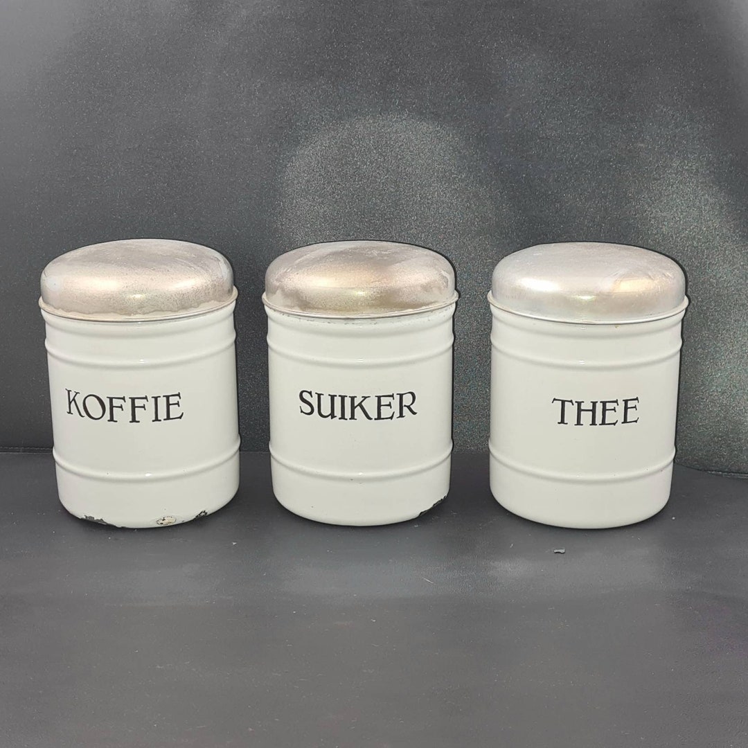 Vintage CANISTER SET Enamelware Coffee Sugar Tea White Enamel Storage ...