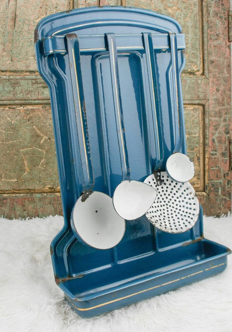 C1960's DUTCH Enamel Spoon Rack vintage Enamelware wall mounted Utensil ...