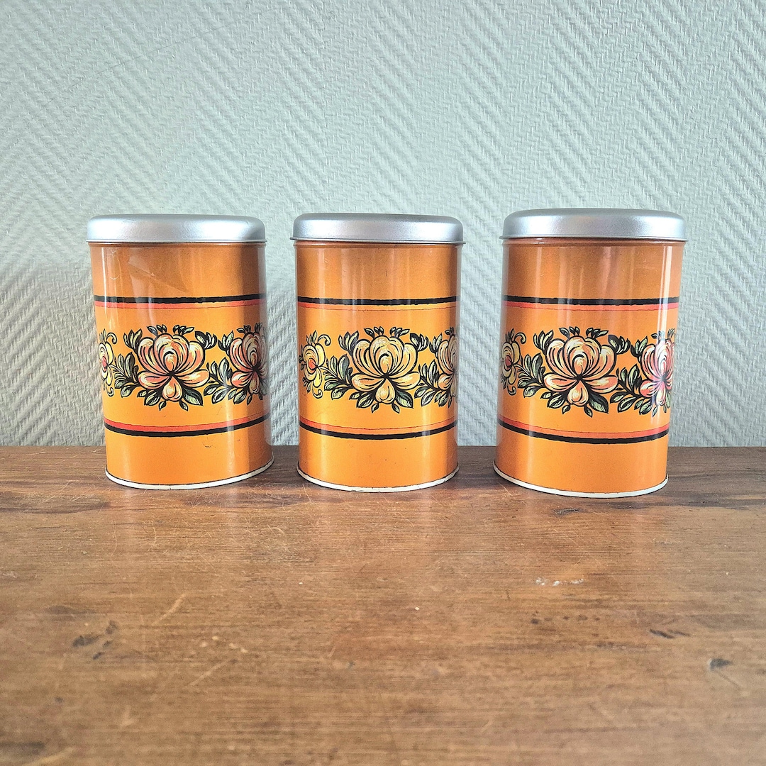 Vintage Retro CANISTER SET Metal Tins Floral Roses Storage Food ...