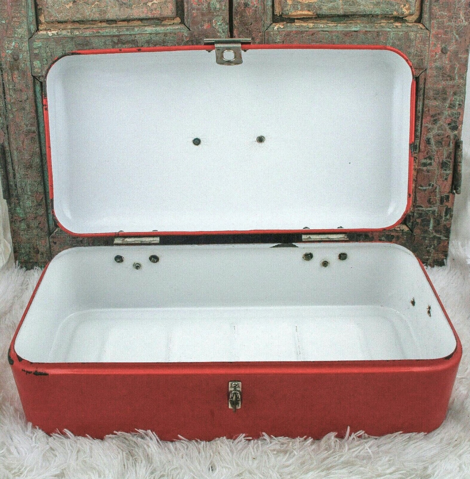 Vintage Enamel Bread Box Enamelware Bin Food Storage Container Enamel ...