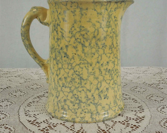 Antique Spongeware Pitcher. Blue and Yellow Stoneware. Light Gold Trim ...