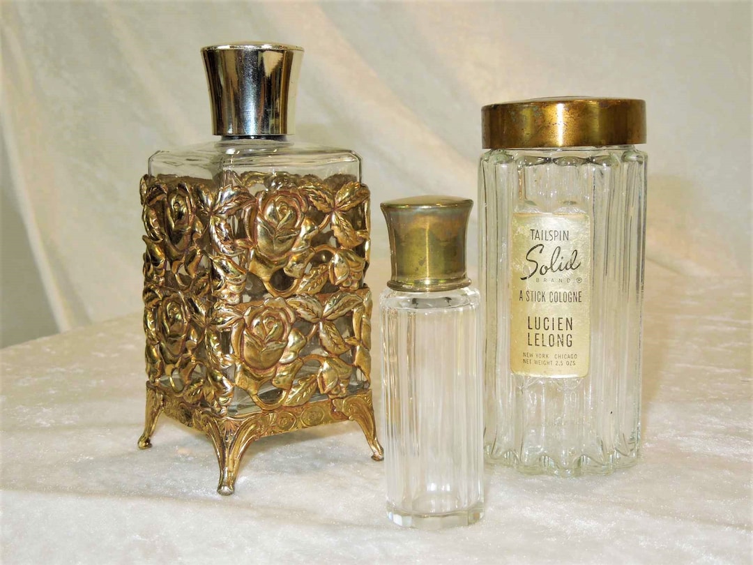 Vintage Perfume Bottles. Metal Gold Tone Filigree Holder. Lucien Lelong ...