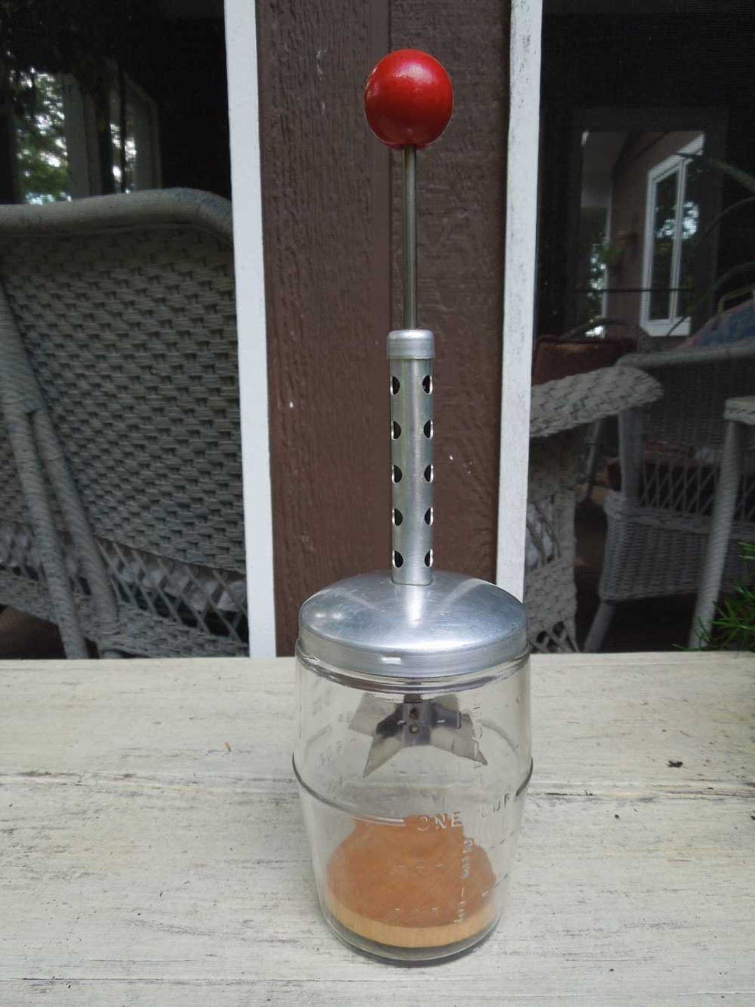 Vintage Food Chopper. Glass W/ Metal Spring Plunger. Red Ball Handle ...