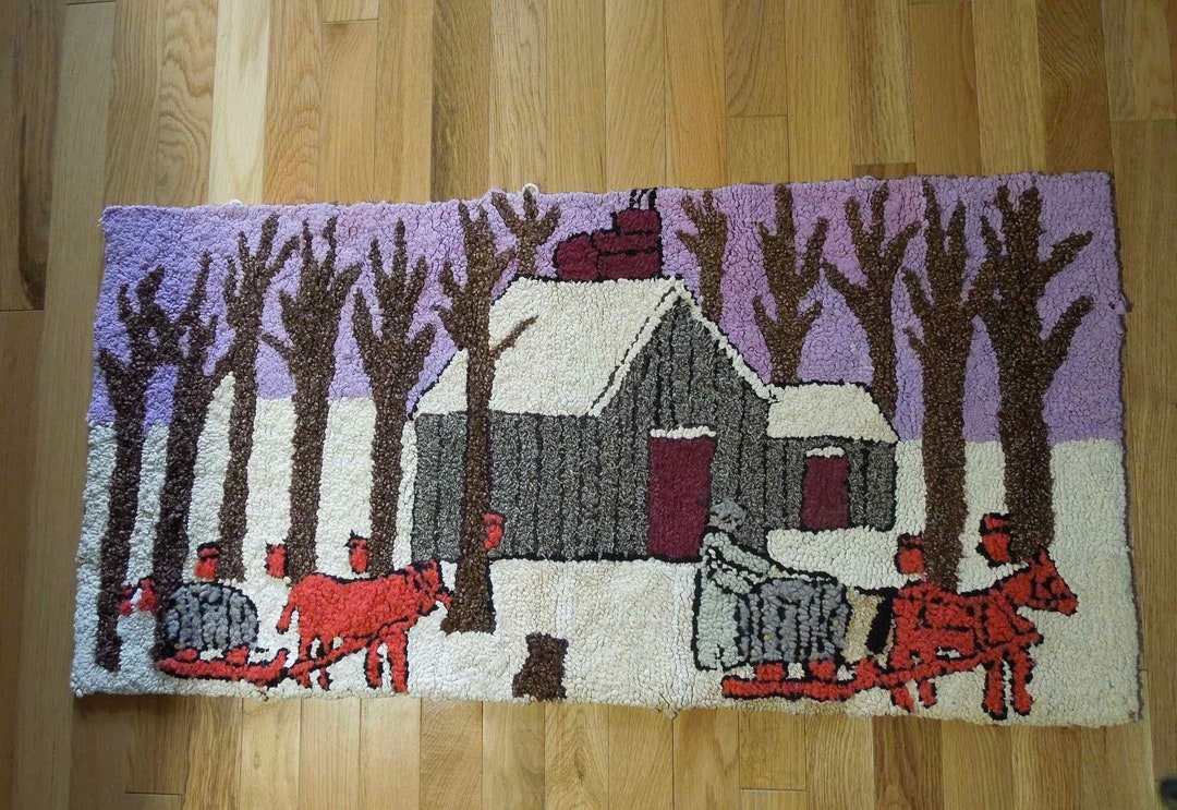 Primitive Hooked Rug. Maple Syrup Harvest Time. Bright Colors. Horse ...