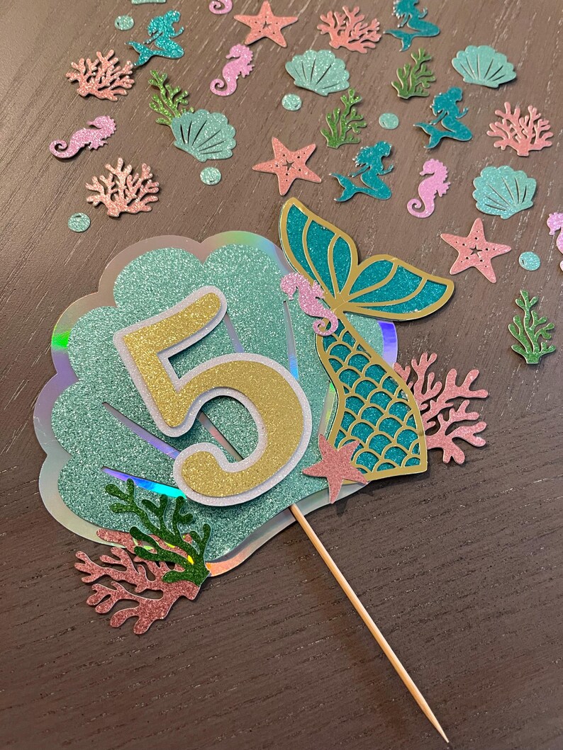 Mermaid Glitter Cake Topper, Seashell With Mermaid Tail, Birthday Party ...