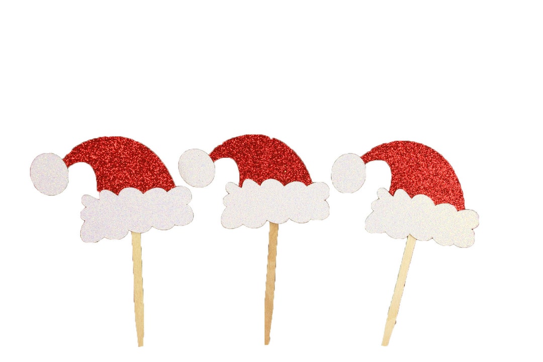 Glitter SANTA HAT Design 2-1/2" Cupcake Toppers Christmas Holiday Theme ...